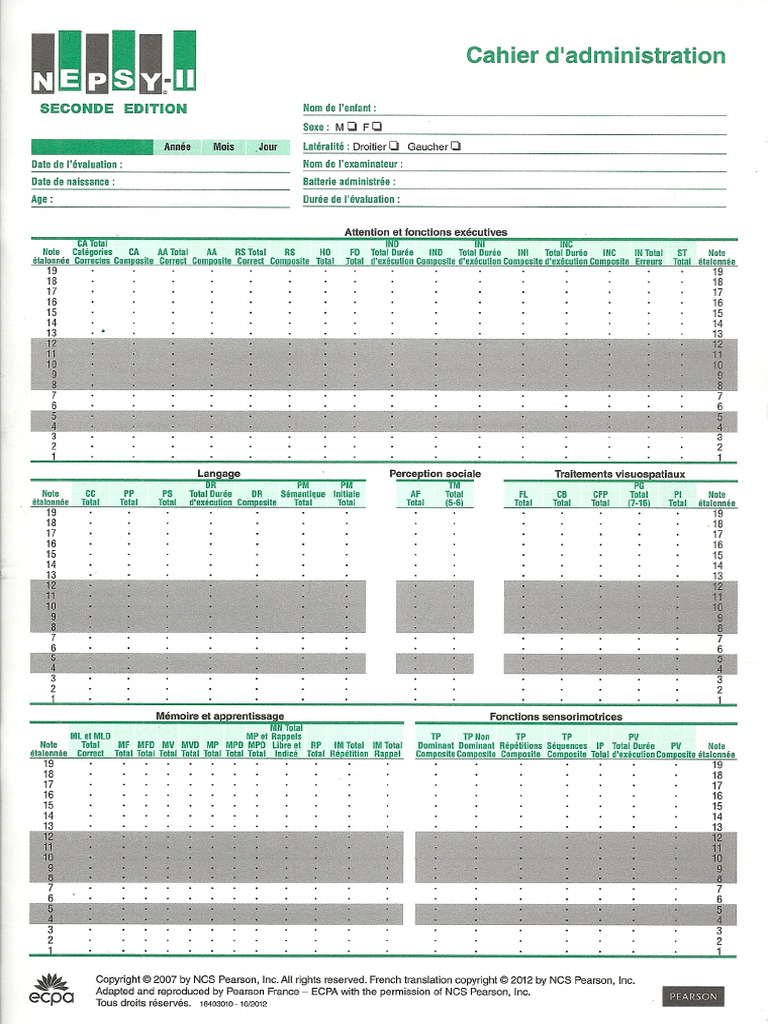 Cahier D'administration Nepsy II | PDF