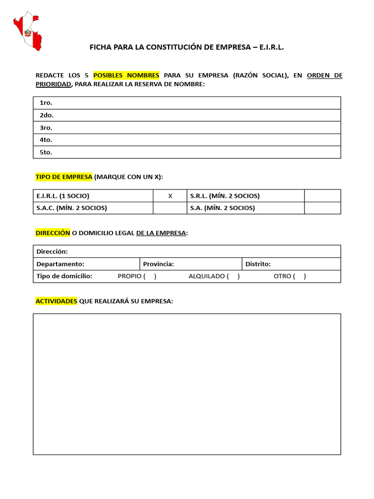 Ficha para Constitución de Empresa Eirl | PDF | Documento de identidad
