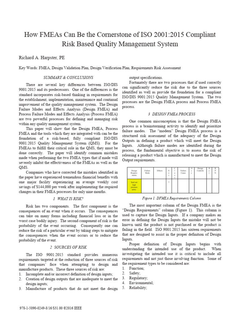 How FMEAs Can Be The Cornerstone of ISO 2001 2015 Compliant | PDF | Risk | Quality Management System
