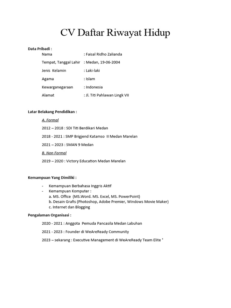 CV Daftar Riwayat Hidup - Faisal Ridho | PDF