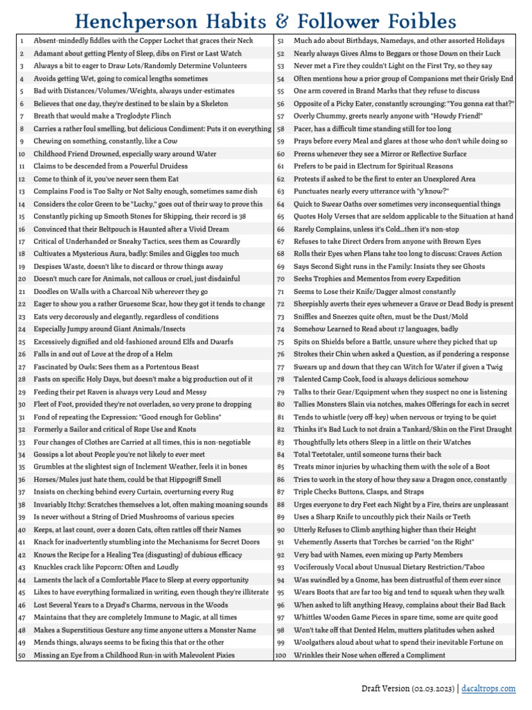 d100 - Henchperson Habits & Follower Foibles | PDF