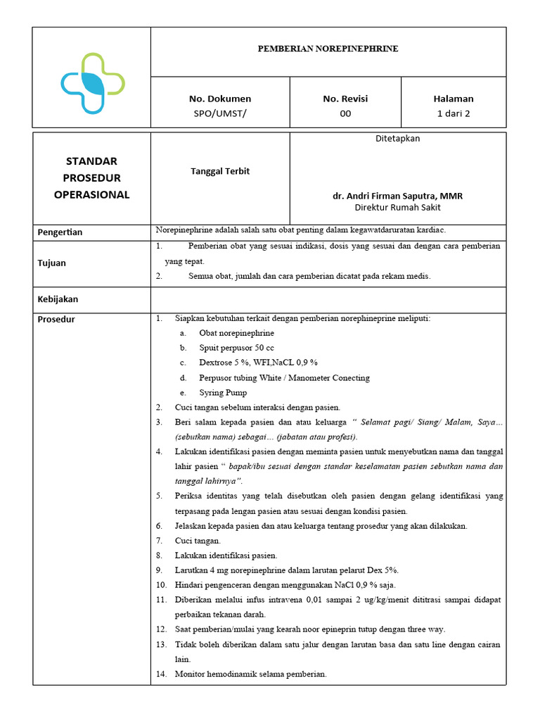 Prosedur Pemberian Norepinephrine | PDF | Sains & Matematika