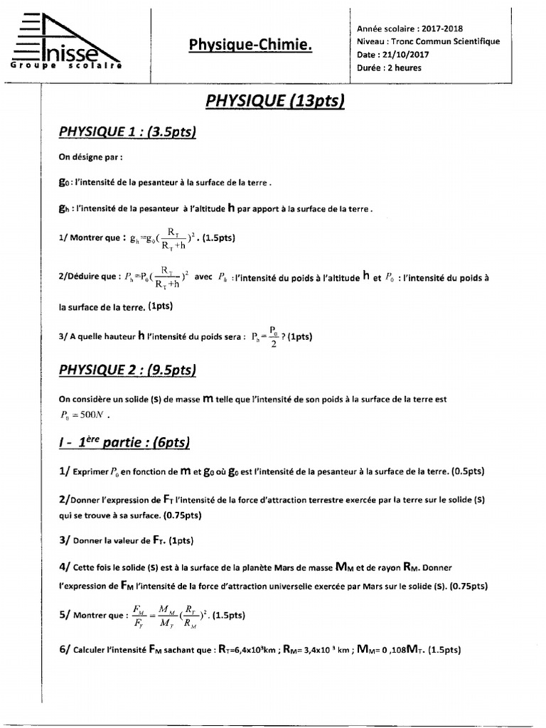 Devoir 1 Physique Et Chimie Tronc Commun 1er Semestre Sections Internationales Option Francais ...