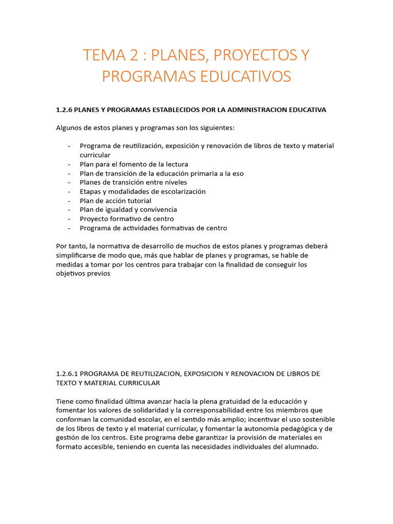 Tema 2 (Programas y Planes) | PDF | Educación de la primera infancia | Educación primaria