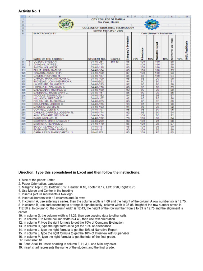 Ms Excel Activity 12345678 | PDF | Microsoft Excel | Spreadsheet