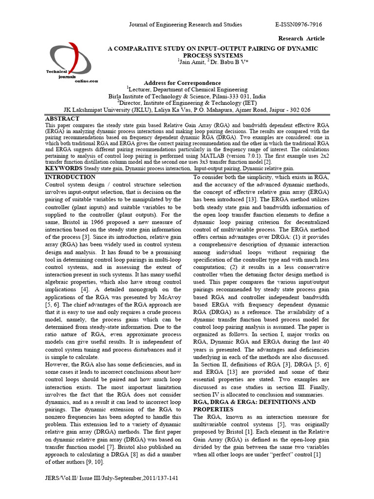 Comparative Study On Input-Output Pairing of Dynamic Process Systems | PDF | Matrix (Mathematics ...