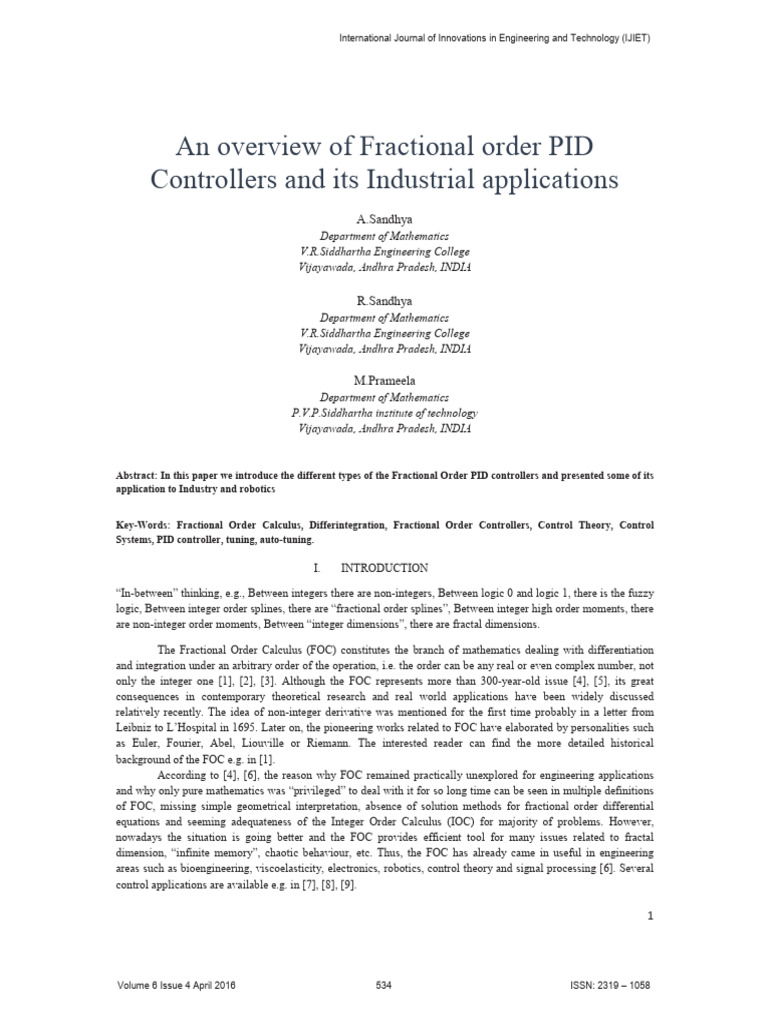 An Overview of Fractional Order PID Controllers and Its Application | PDF | Control Theory ...
