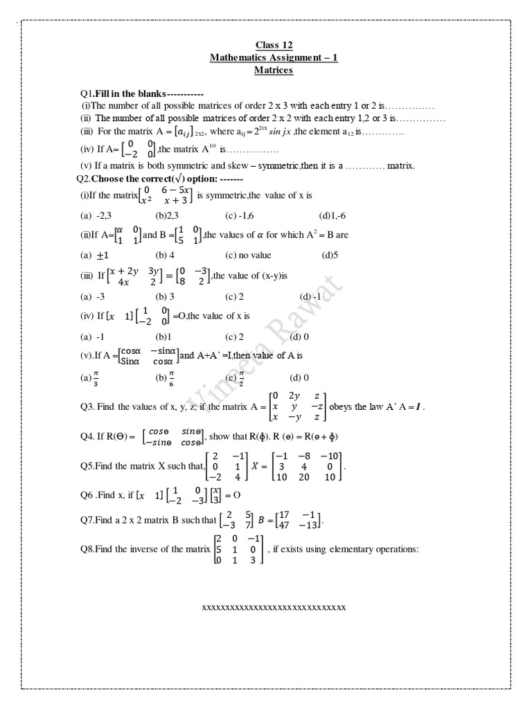 Assignment 1 Matrices New 22-05-2019 | PDF | Matrix (Mathematics) | Mathematical Concepts