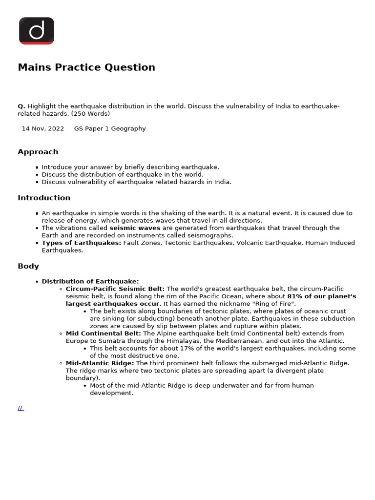 Mains Practice Question: Approach | Download Free PDF | Earthquakes | Plate Tectonics