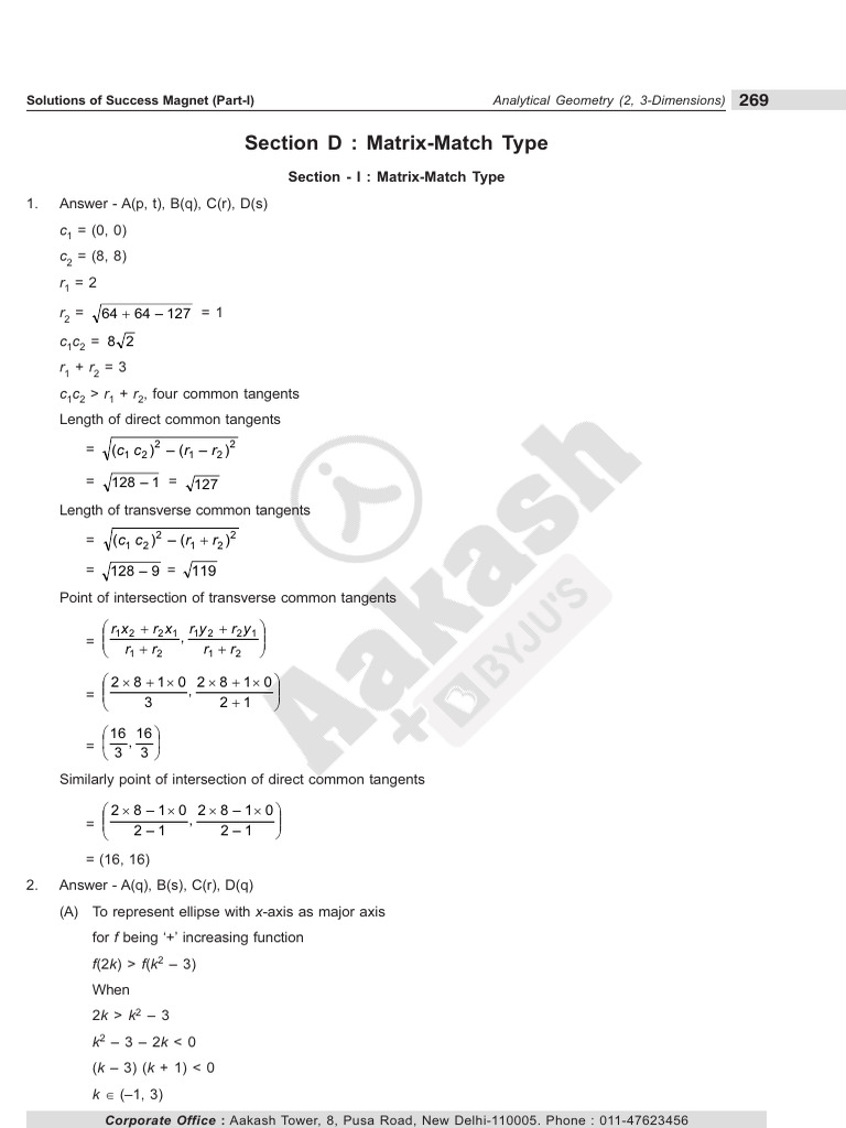 Section D: Matrix-Match Type: Solutions of Success Magnet (Part-I ...