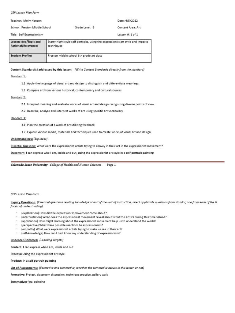 Hanson Lesson Plan Spring 2022 | PDF | Lesson Plan | Expressionism