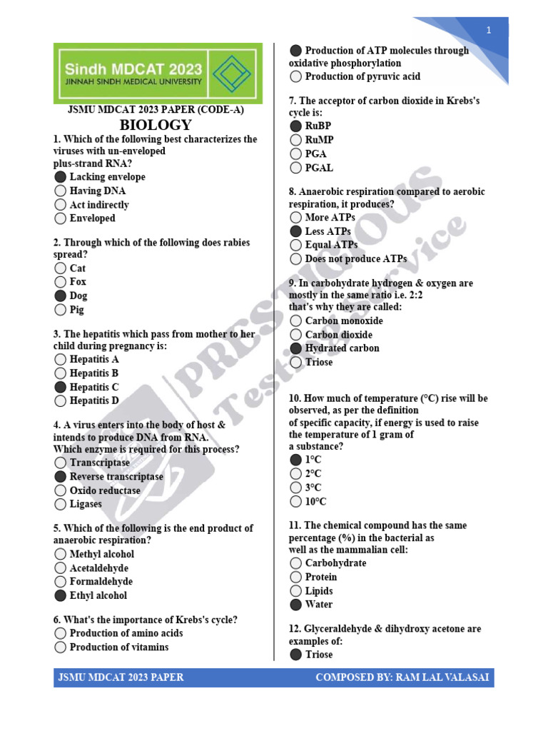 Jsmu Mdcat 2023 | PDF | Magnetic Field | Cell Membrane