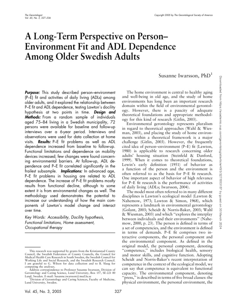 A Long-Term Perspective On Person-Environment Fit and ADL Dependence ...