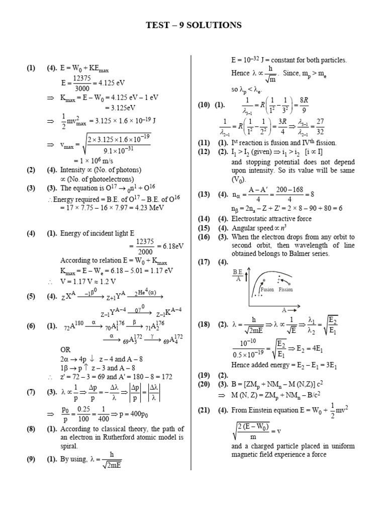 Test - 9 Solutions | Download Free PDF | Electronvolt | Neutron