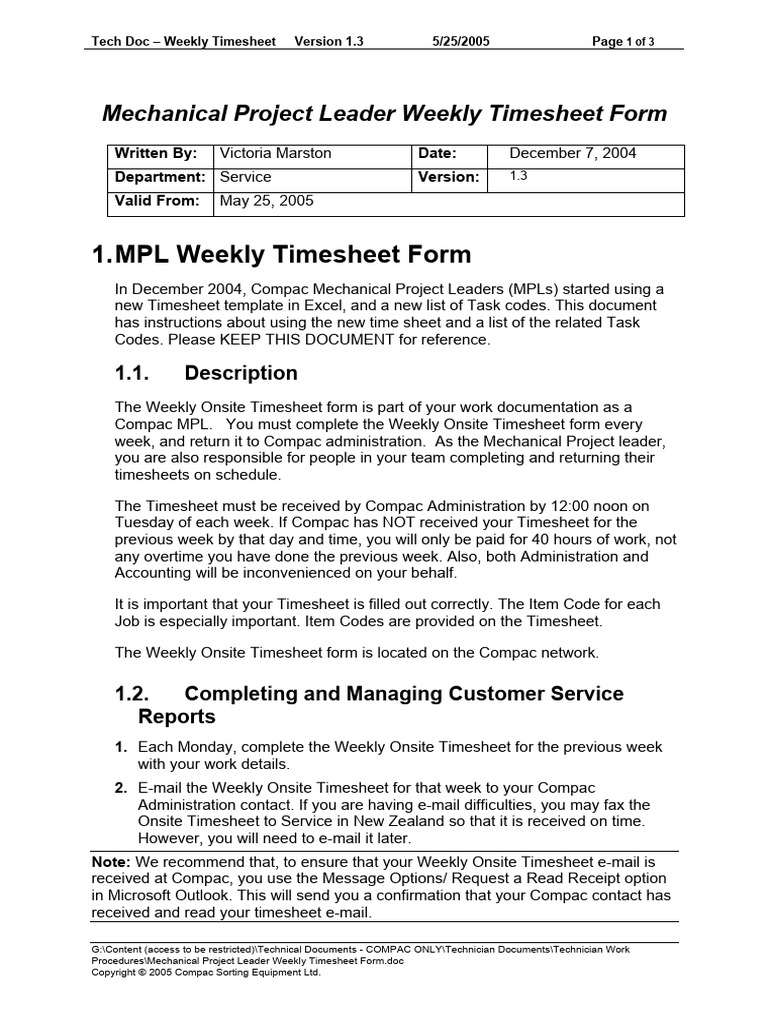 Mechanical Project Leader Weekly Timesheet Form | PDF | Computing Mechanical Project Leader Weekly Timesheet Form | PDF | Computing