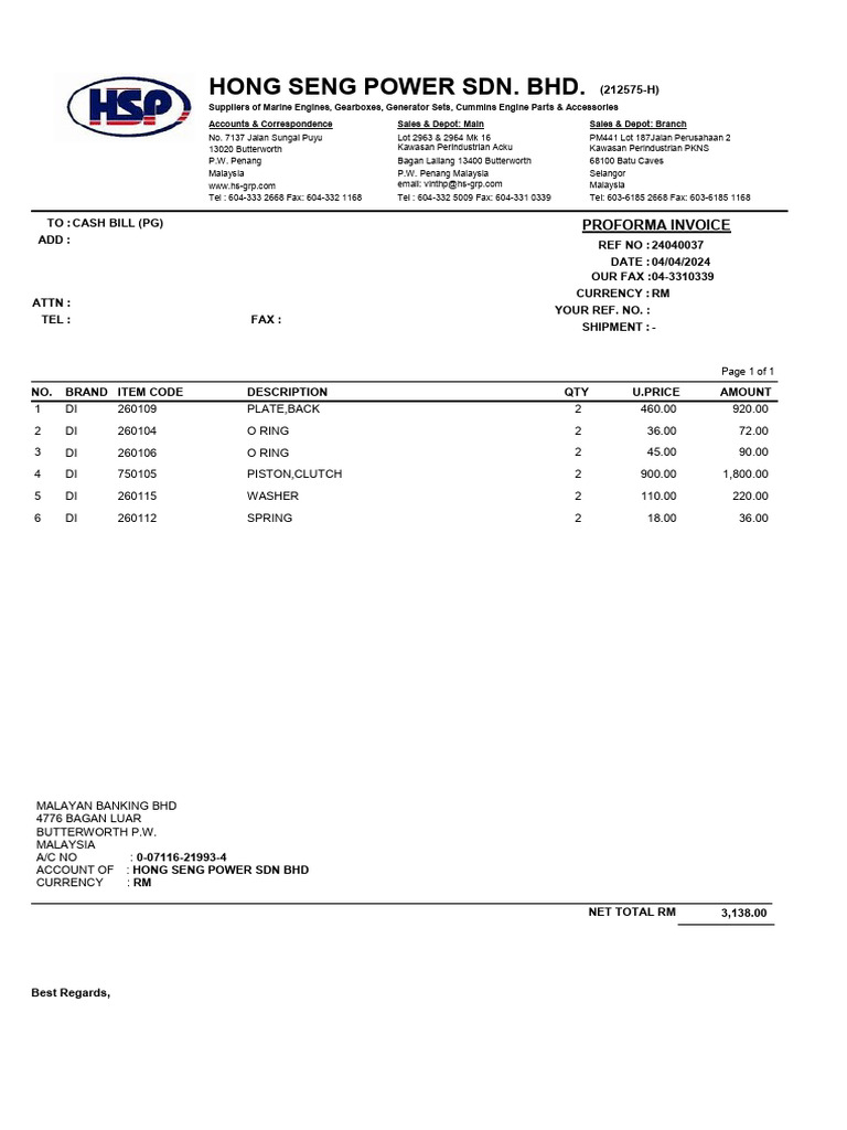 Hong Seng Power Sdn. BHD.: Proforma Invoice | PDF