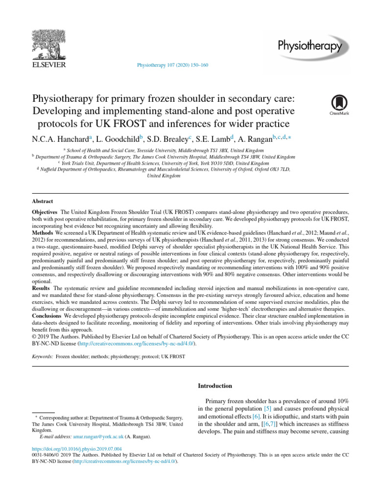 Physiotherapy For Primary Frozen Shoulder in Secondary Care Hanchard ...