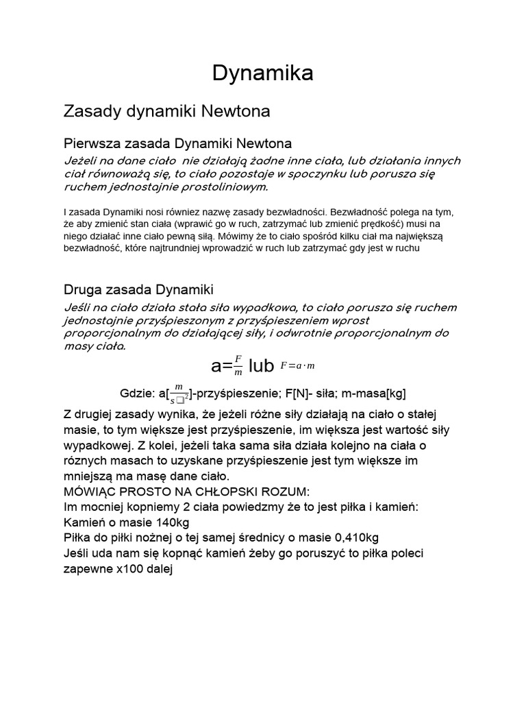 Dynamika Wzory I Zasady | PDF