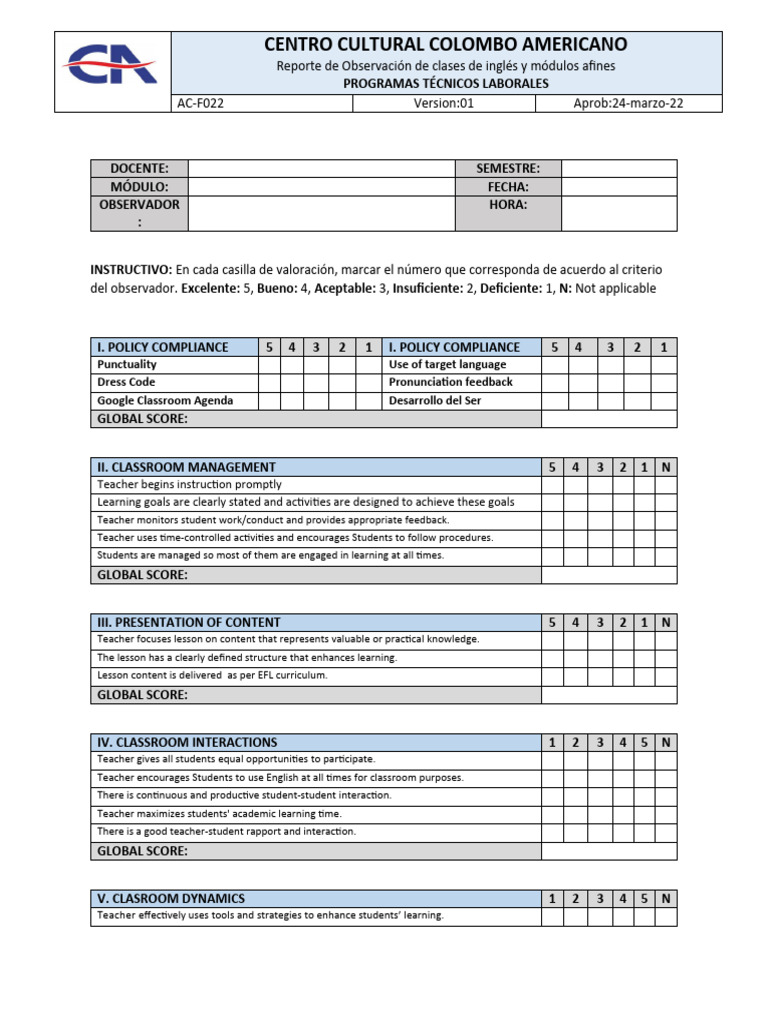 English Class Observation Report | PDF | Teachers | Cognition