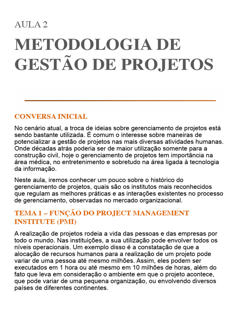 AULA 2 METODOLOGIA DE GESTÃO DE PROJETOS | PDF | Gestão de projetos | Business