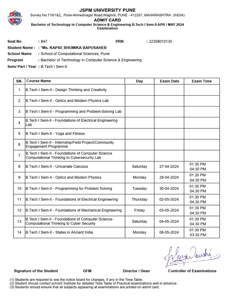B.Tech II Sem Admit Card - JSPM University | PDF | Computing | Engineering