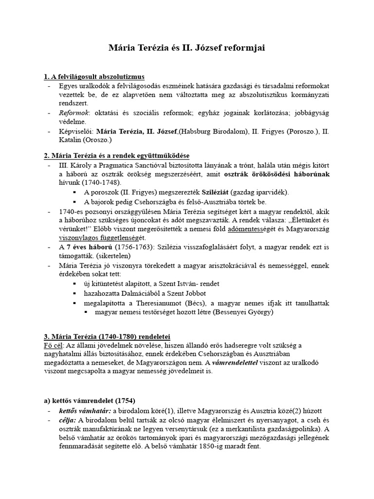 Mária Terézia És II. József Reformjai 2 | PDF