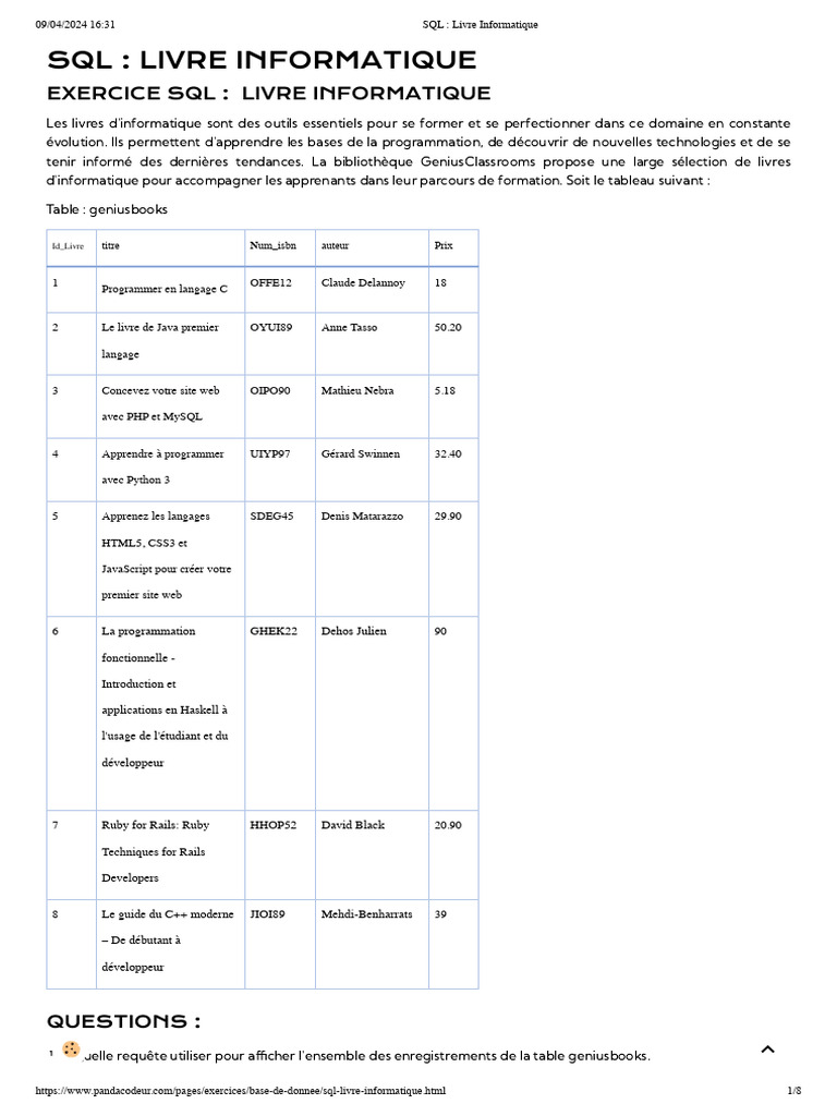 SQL - Livre Informatique | PDF | Programmation informatique | Langage de programmation