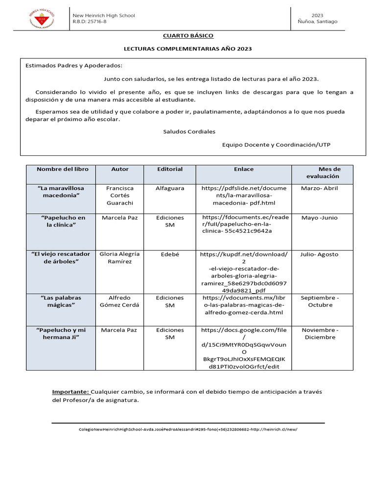 Lecturas Complementarias 4° Básico 2023 | PDF