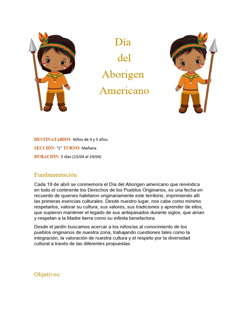Planificacion NIVEL INICIAL DIA DEL INDIO AMERICANO | PDF | Pueblos ...