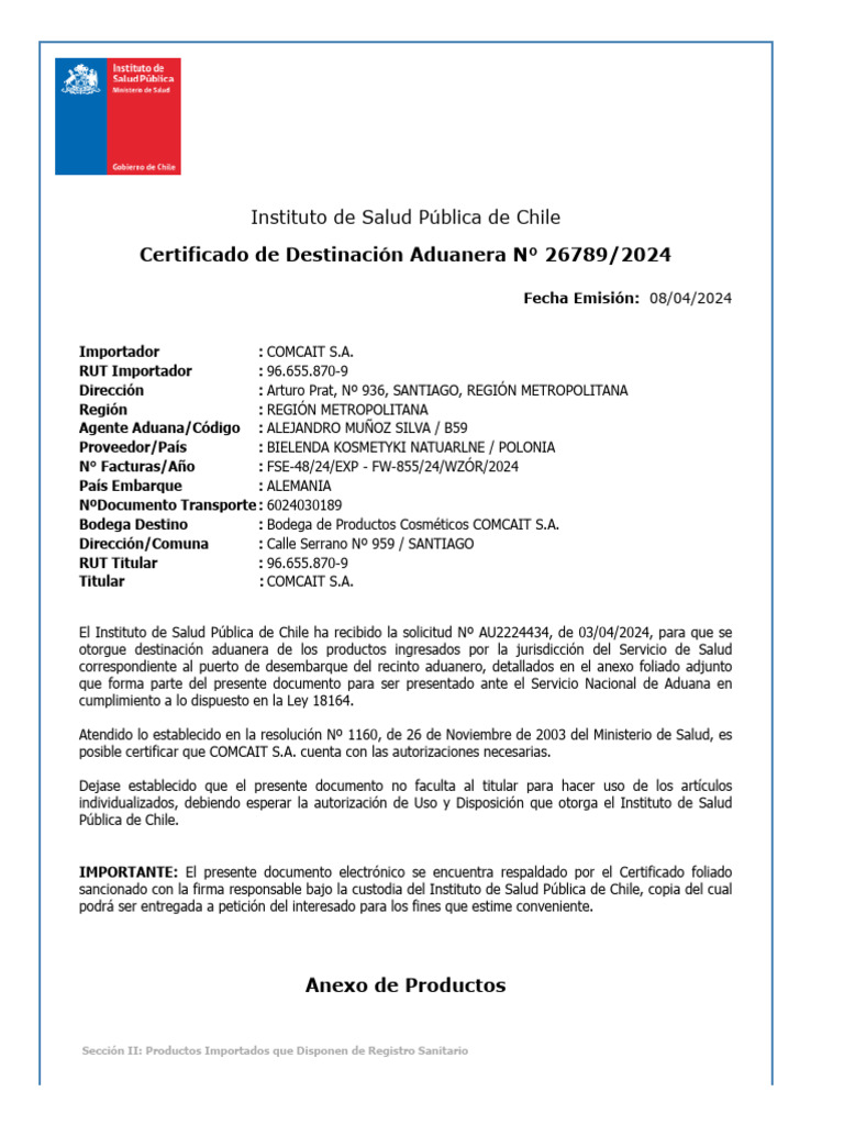 Certificado Aduanero COMCAIT S.A. 2024 | PDF | aduana