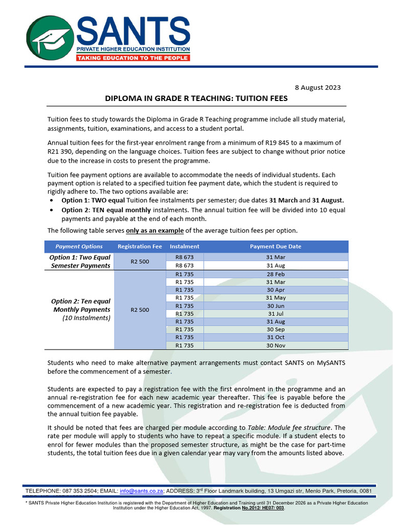 Tuition Fees Diploma in Grade R Teaching 2024 | PDF | Fee | Tuition Payments