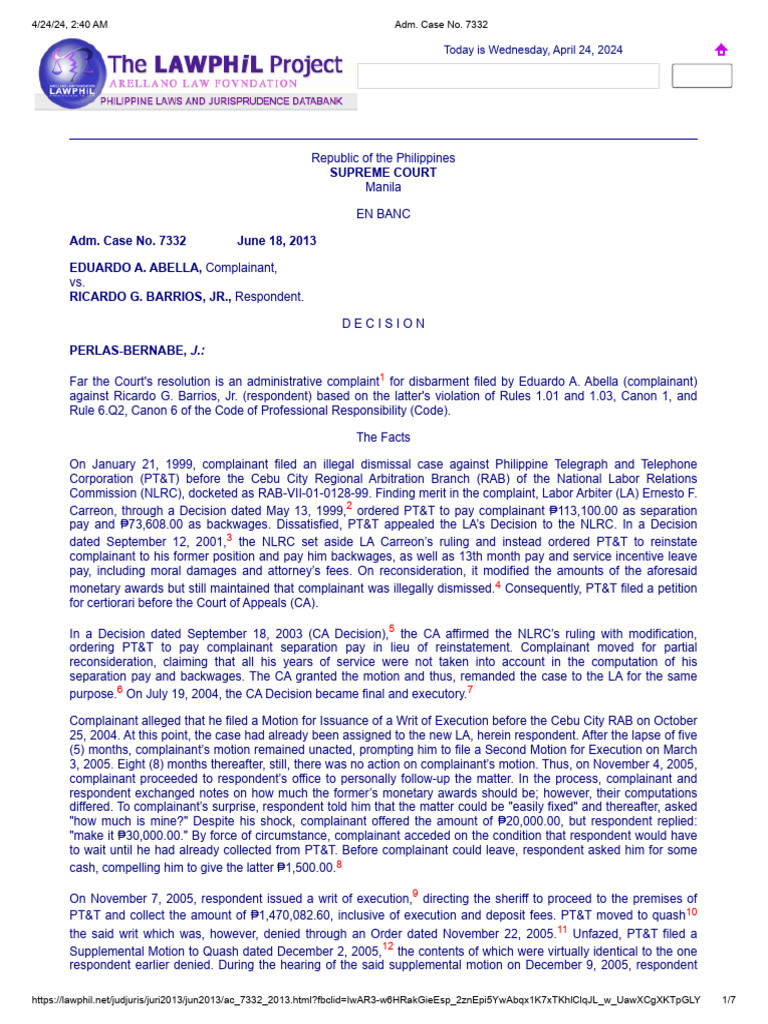 Adm. Case No. 7332 | PDF | Lawyer | Disbarment
