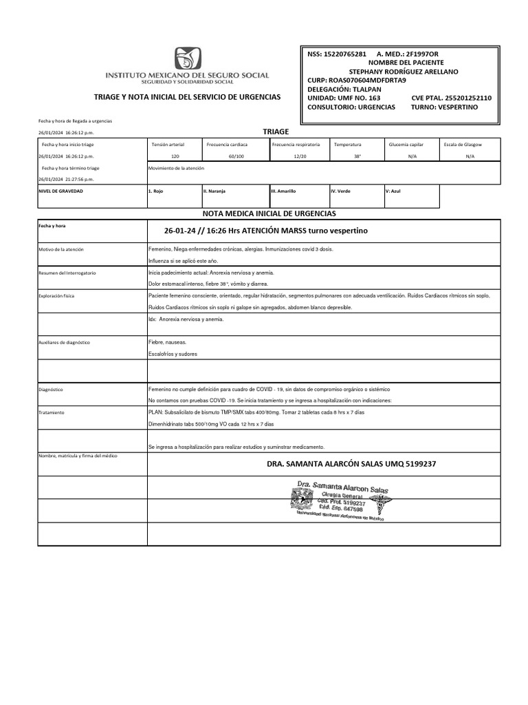 Hoja de Urgencias IMSS - STEPHANY RODRÍGUEZ | PDF | Medicina CLINICA ...