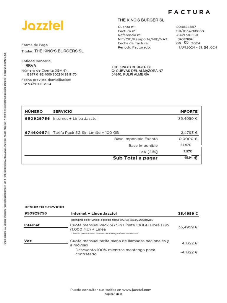 Factura Jazztel Abril | PDF | Tecnologías de la información ...