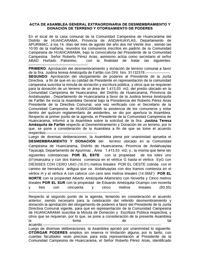 Acta de Asamblea General Extraordinaria de Desmembramiento y Donación ...