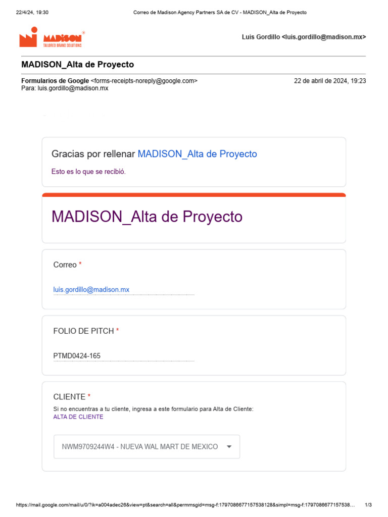 Correo de Madison Agency Partners SA de CV - MADISON - Alta de Proyecto ...