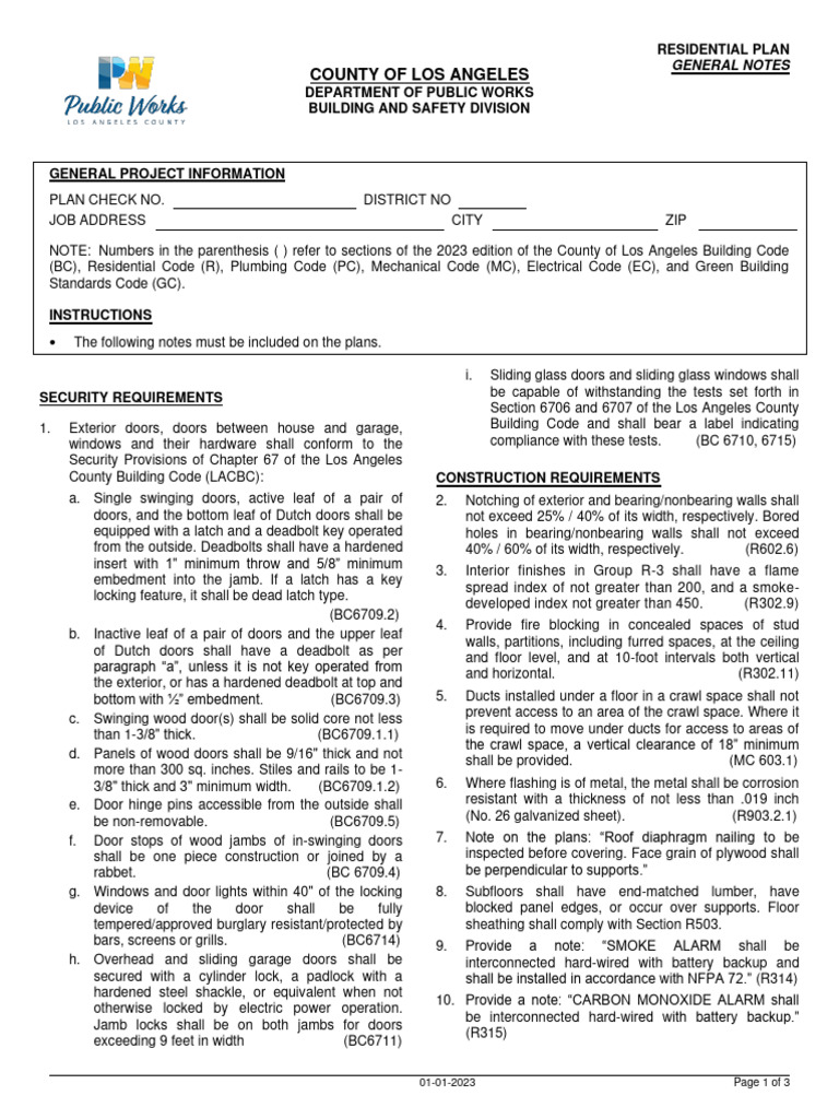 LA County Residential Plan General Notes | PDF | Door | Duct (Flow)