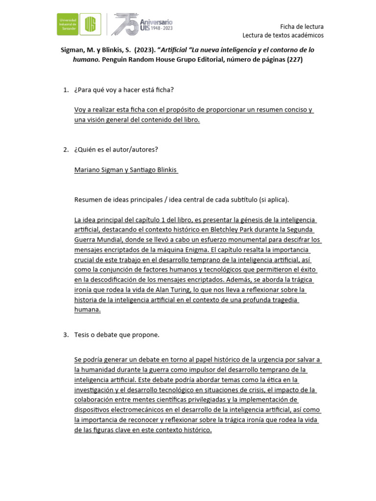 Ficha de Lectura - ARTIFICIAL | PDF | Inteligencia artificial ...
