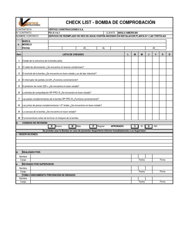 Check List Bomba Comprobacion | PDF | Tecnología