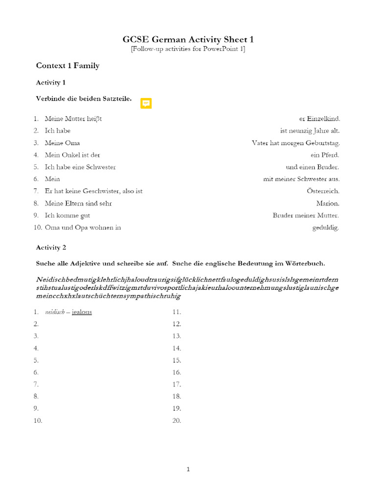 Attachment - PDF - German Activity Sheet 1 Family | PDF