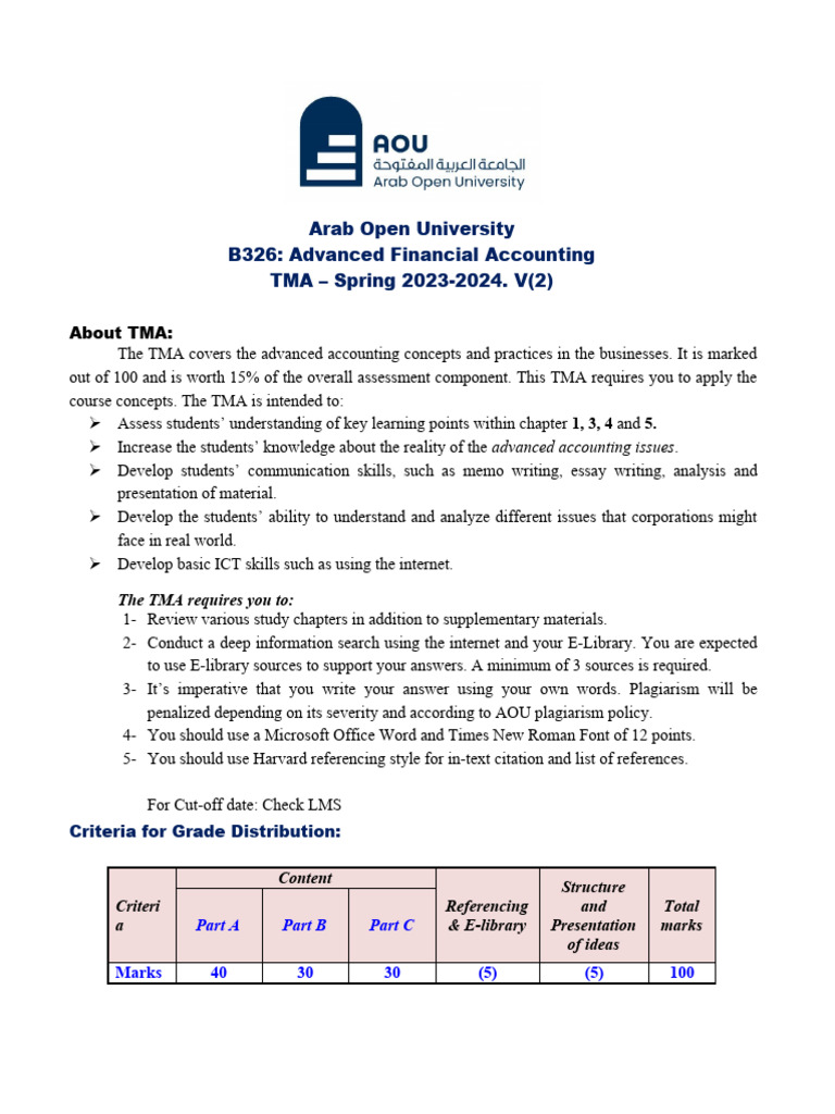Arab Open University B326: Advanced Financial Accounting TMA - Spring ...