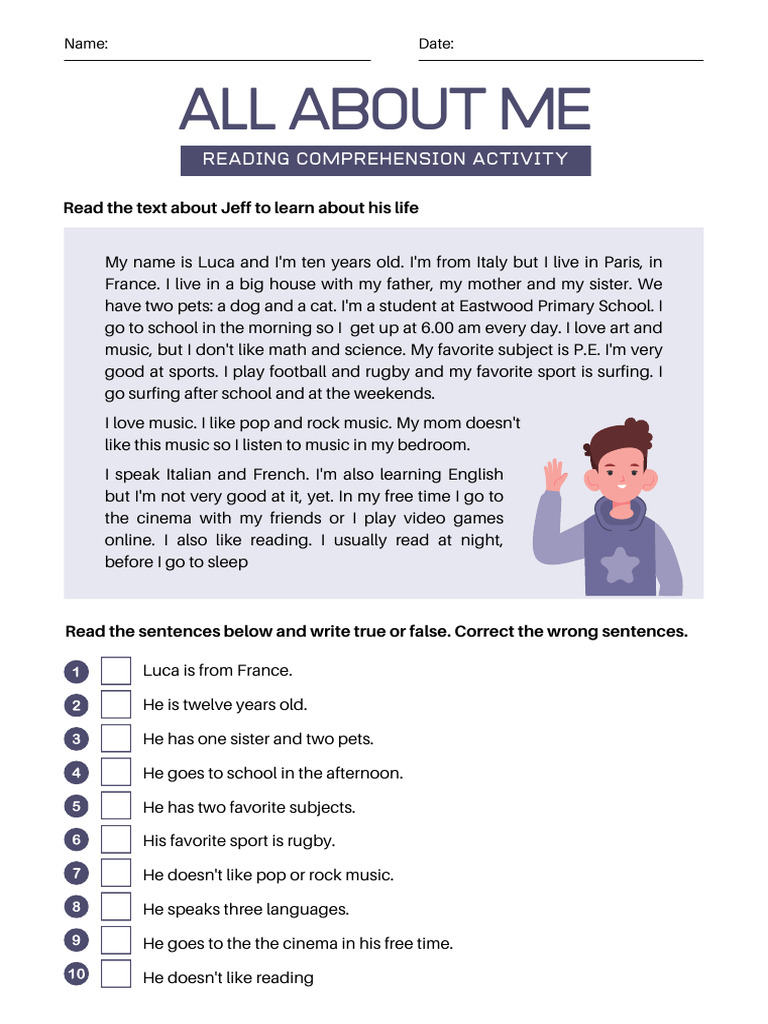 All About Me Reading Comprehension | PDF