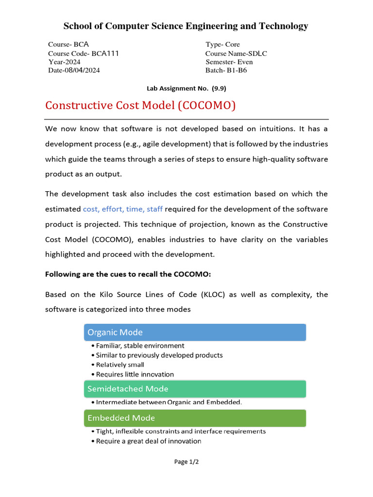 Constructive Cost Model (COCOMO) : School of Computer Science Engineering and Technology ...