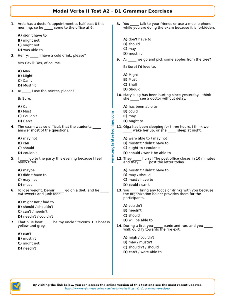 475 Modal Verbs II Test A2 b1 Grammar Exercises | PDF