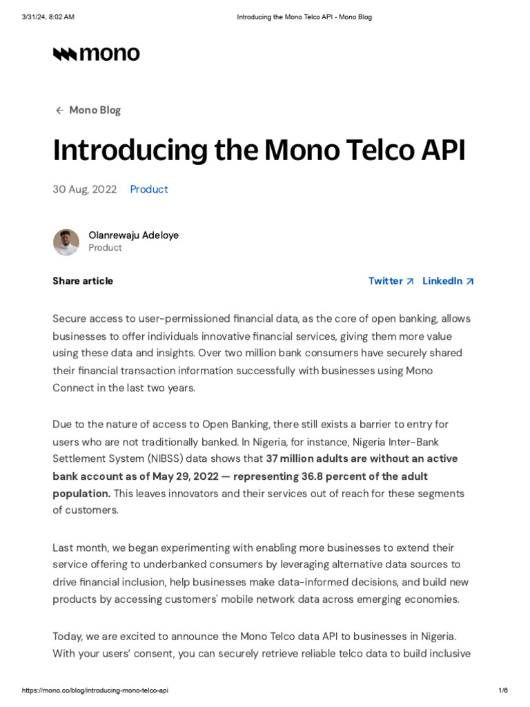 Introducing The Mono Telco API - Mono Blog | PDF | Credit | Finance ... Introducing The Mono Telco API - Mono Blog | PDF | Credit | Finance ...