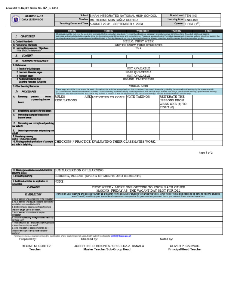 DLL Q1W1 | PDF | Learning | Behavior Modification
