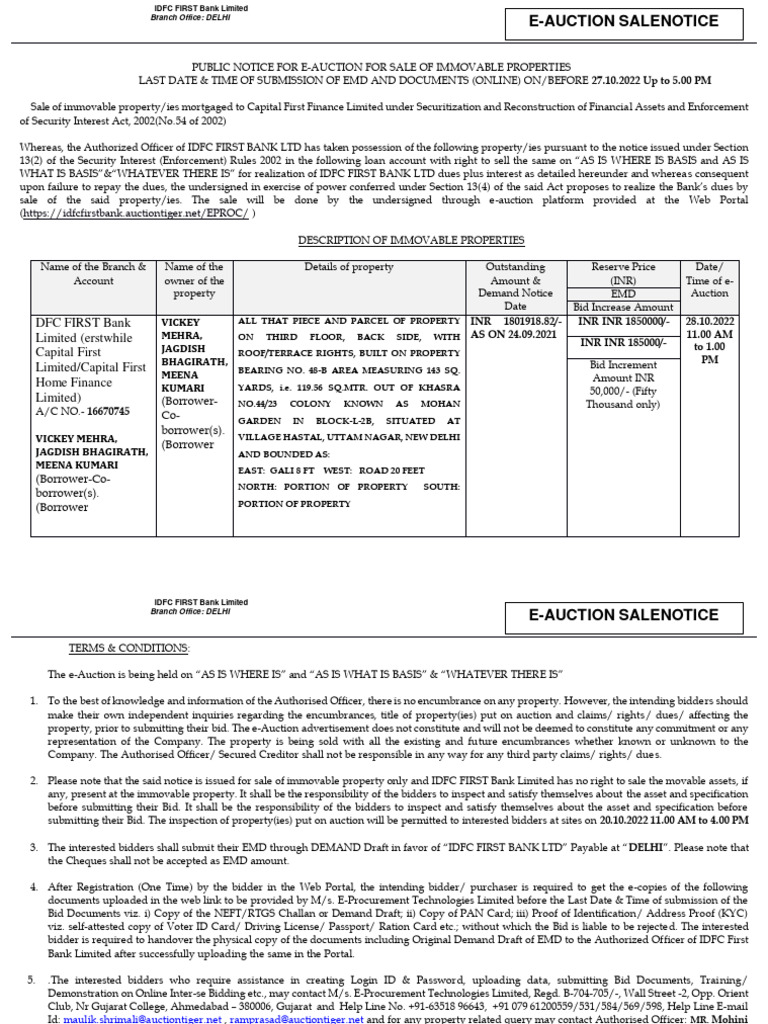 IDFC Bank E-Auction Property Sale Notice | PDF | Auction