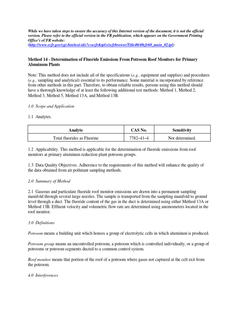 EPA Method 14: Fluoride Emissions Testing | PDF | Duct (Flow) | Calibration