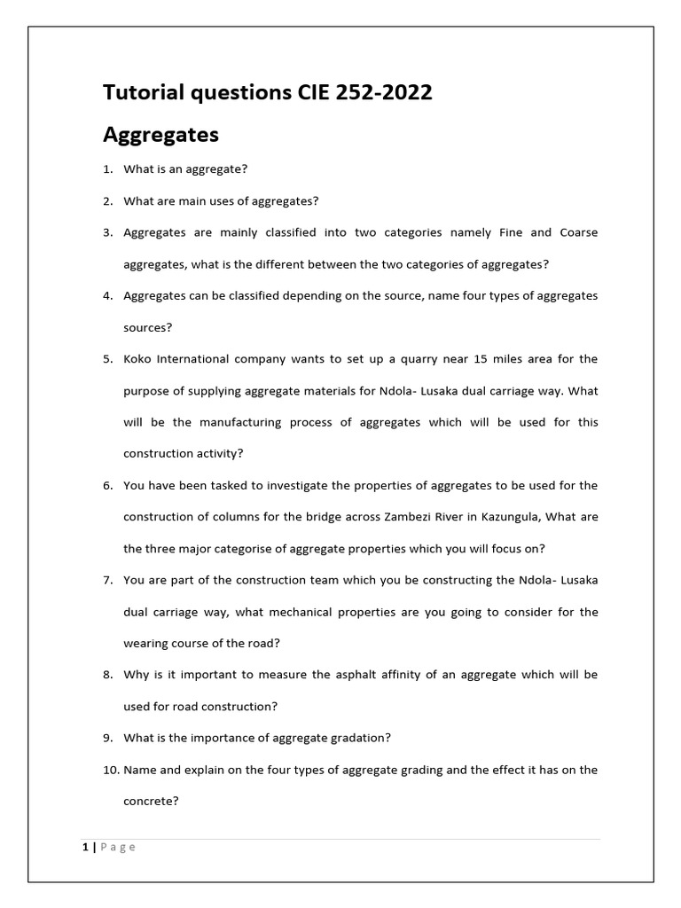 Aggregates Tutorial Questions CIE 252 - 2022 | PDF | Materials Aggregates Tutorial Questions CIE 252 - 2022 | PDF | Materials