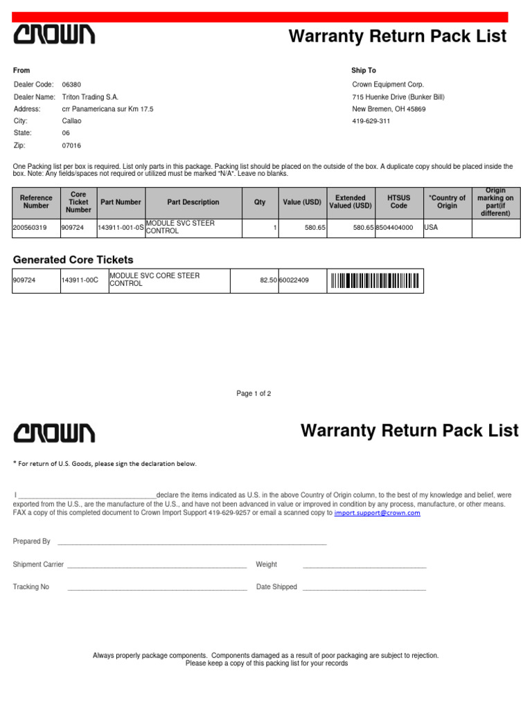 Warranty Return Pack List: Generated Core Tickets | PDF | Computing